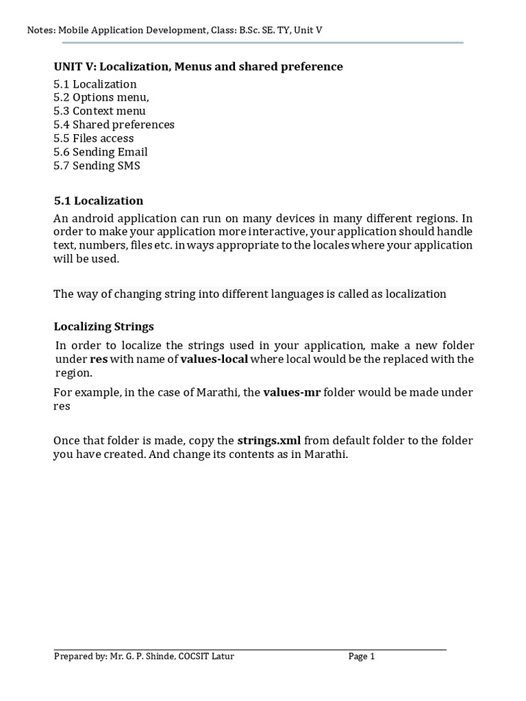 B SC SE TY Mobile Application Development UNIT V Localization, Menus and Shared Preference | PDF ...