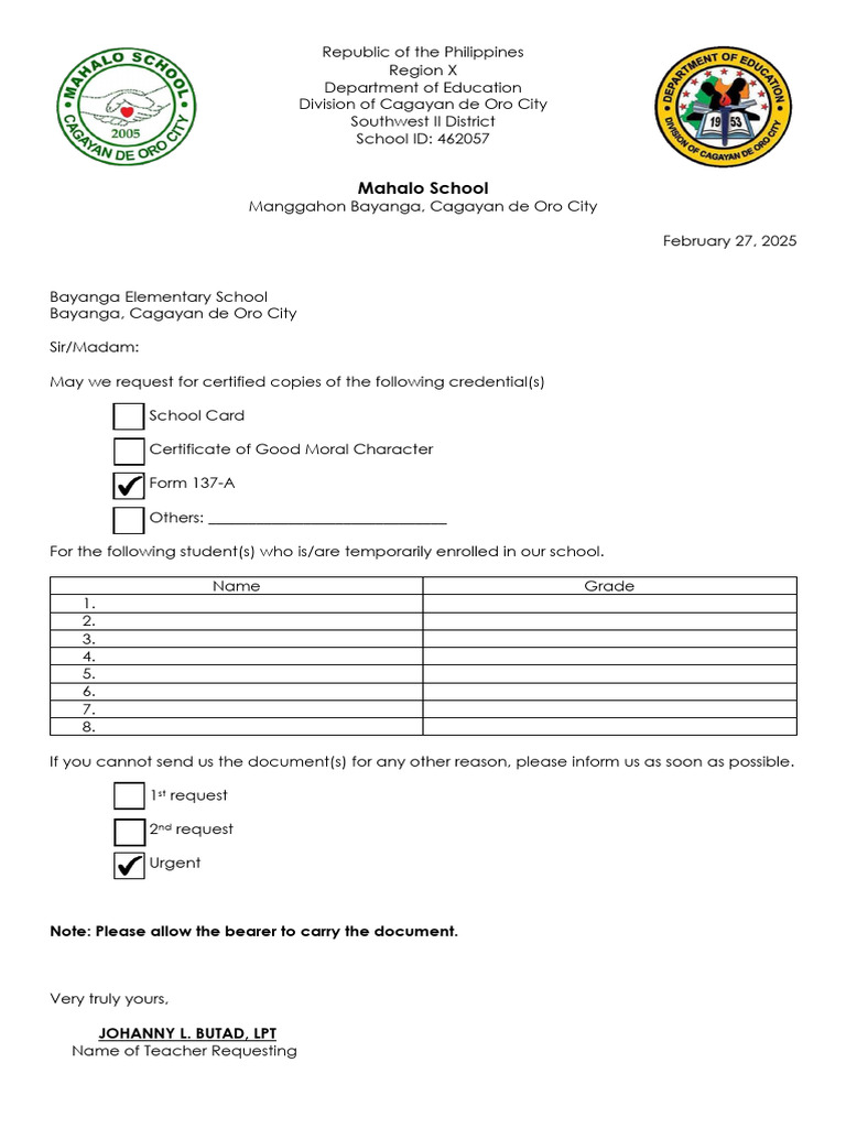 Request Form for School Credentials | PDF