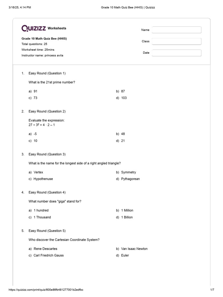 Grade 10 Math Quiz Bee Questions | PDF | Mathematics | Elementary ...