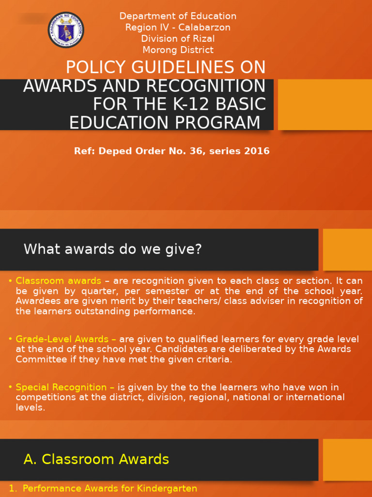 Policy Guidelines On Awards and Recognition For The K-12 Basic Education Program | PDF ...