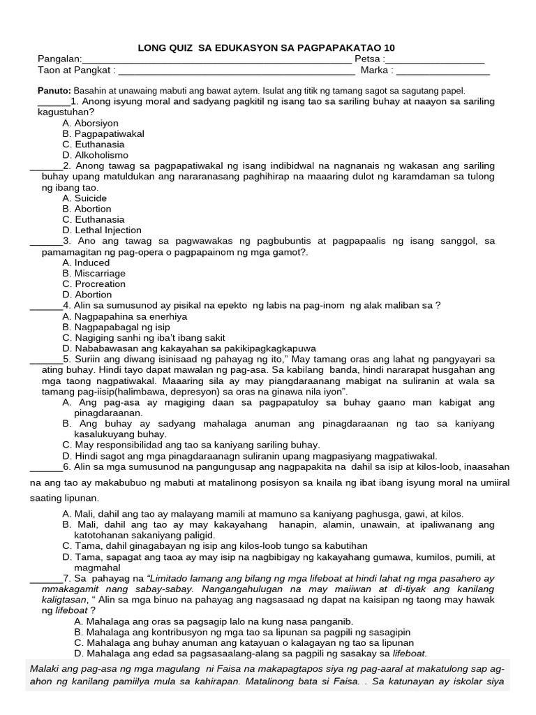 G10 - Esp - Long Quiz | PDF