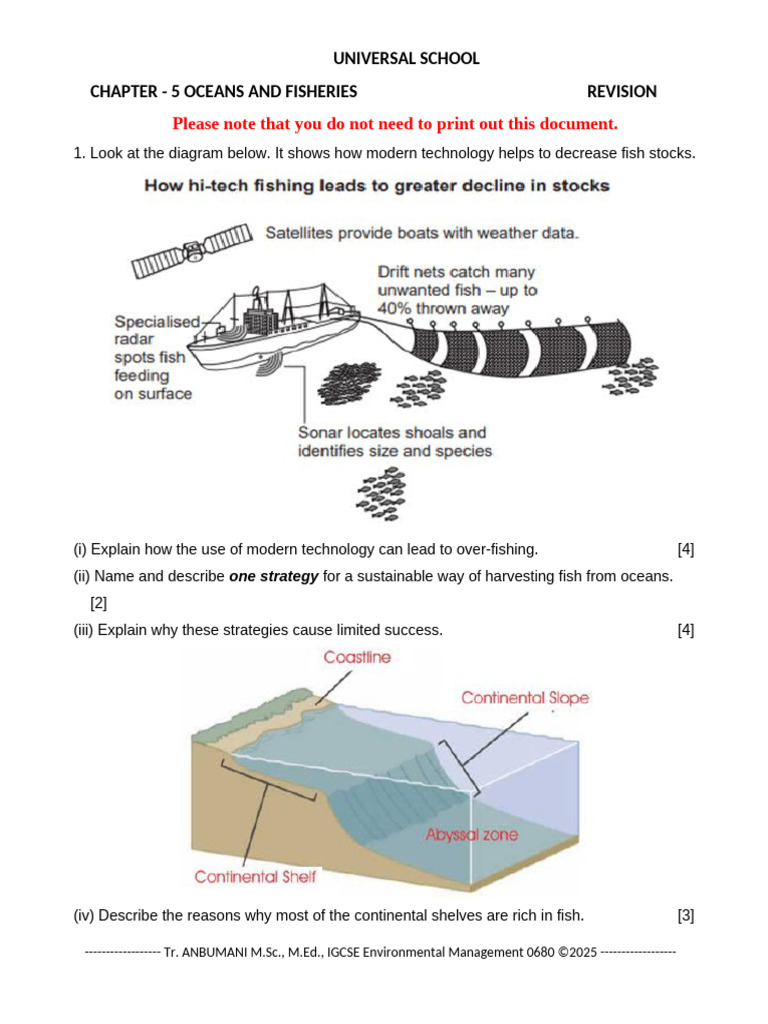 Chapter 5 Oceans and Fisheries Revision Worksheet | PDF | Fishery ...