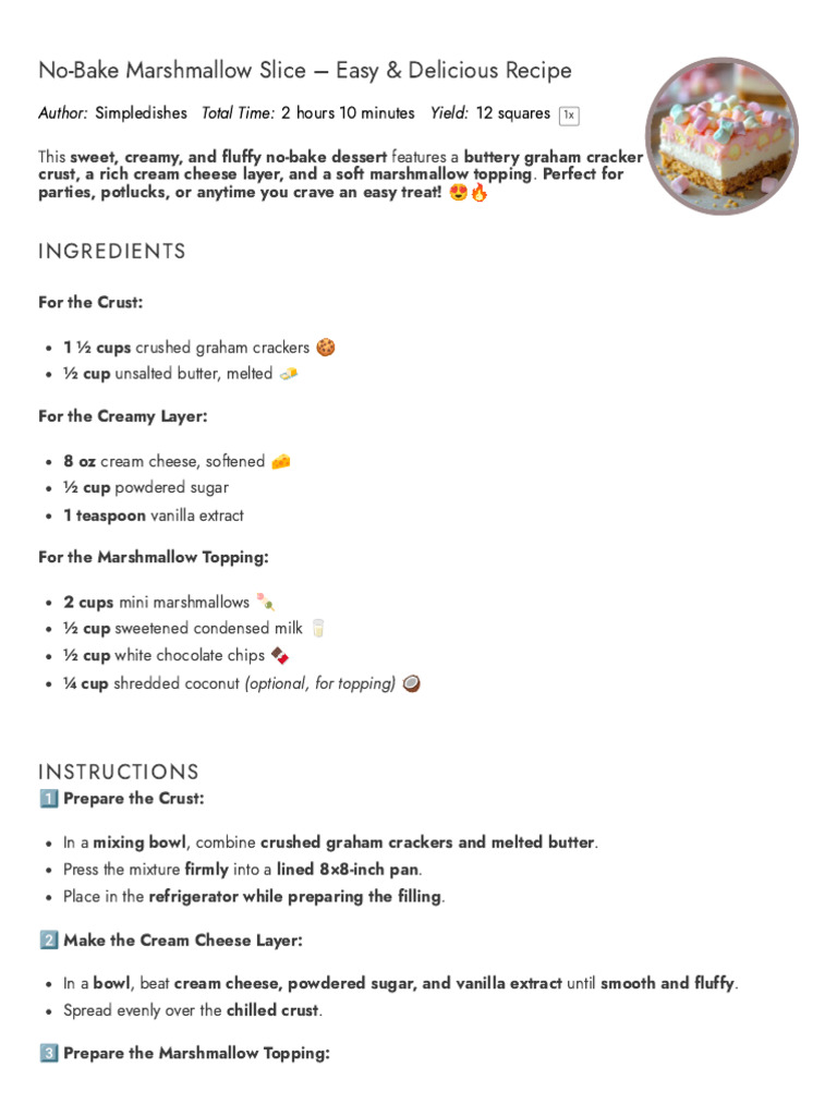 No-Bake Marshmallow Slice - Easy & Delicious Recipe - LUCA Cooking - Explore The Best Recipes | PDF