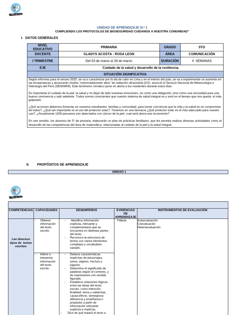 Unidad de Aprendizaje 1 - Quinto Grado | PDF | Aprendizaje | Información