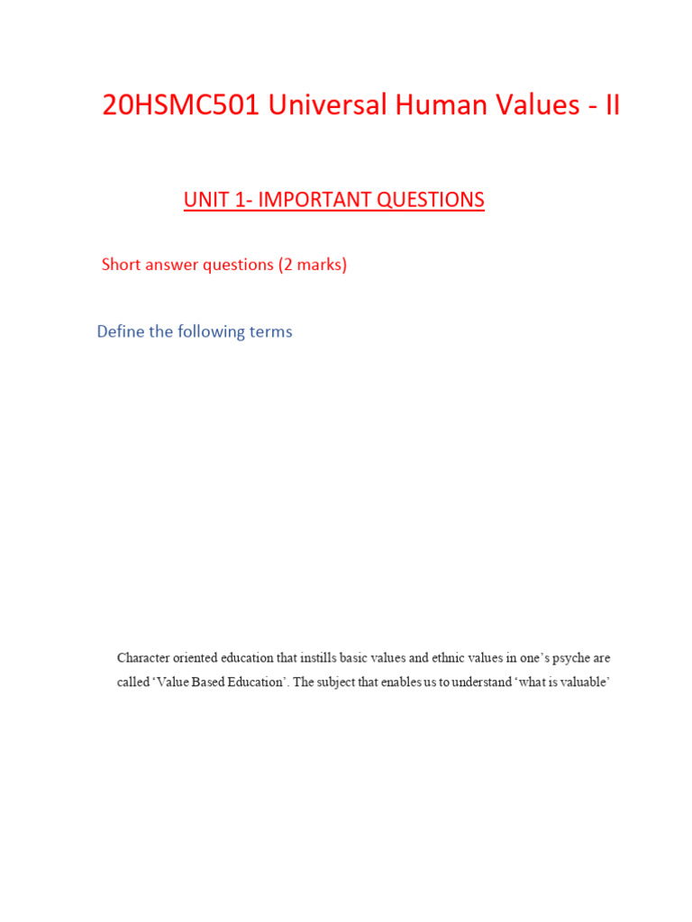 UHV UNIT-1 & 2 Important Questions | PDF | Happiness | Existence