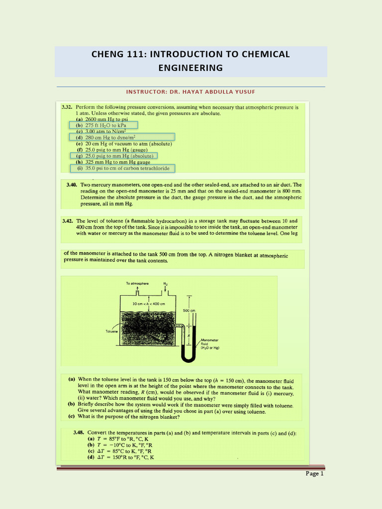 CHEN 101 Tutorial No. 4 - Student | PDF