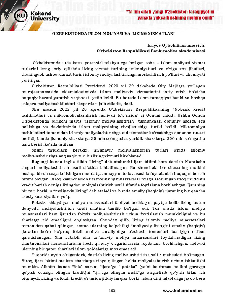 O Zbekistonda I: Slom Moliyasi Va Lizing Xizmatlari Isayev Oybek Baxramovich, - Moliya ...