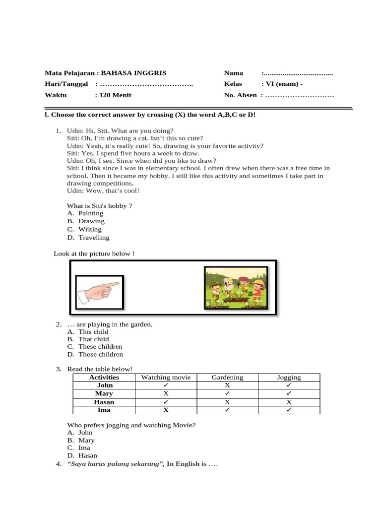 Soal Ujian Bahasa Inggris Kelas VI | PDF