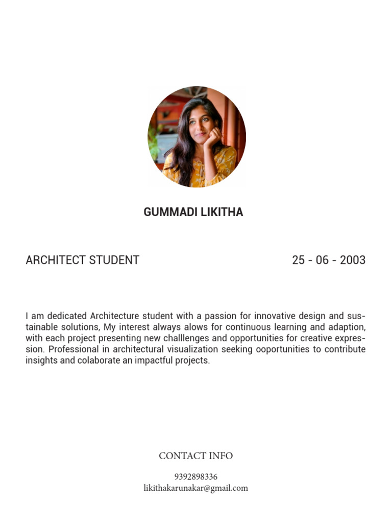 Gummadi Likitha: Architect Student 25 - 06 - 2003 | PDF