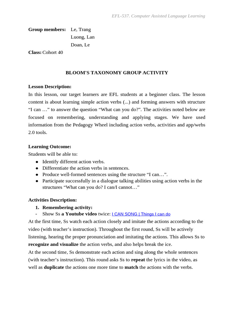EFL Lesson Plan: Bloom's Taxonomy Activities | PDF | Learning ...