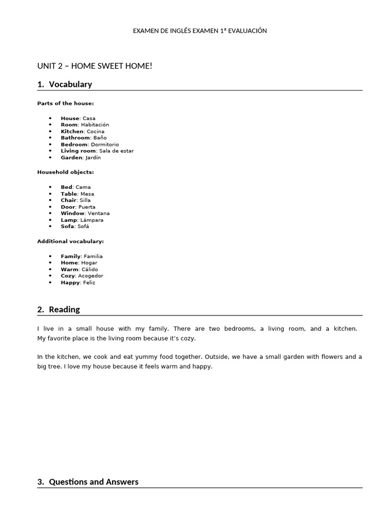 Home Sweet Home: Vocabulary & Answers | PDF