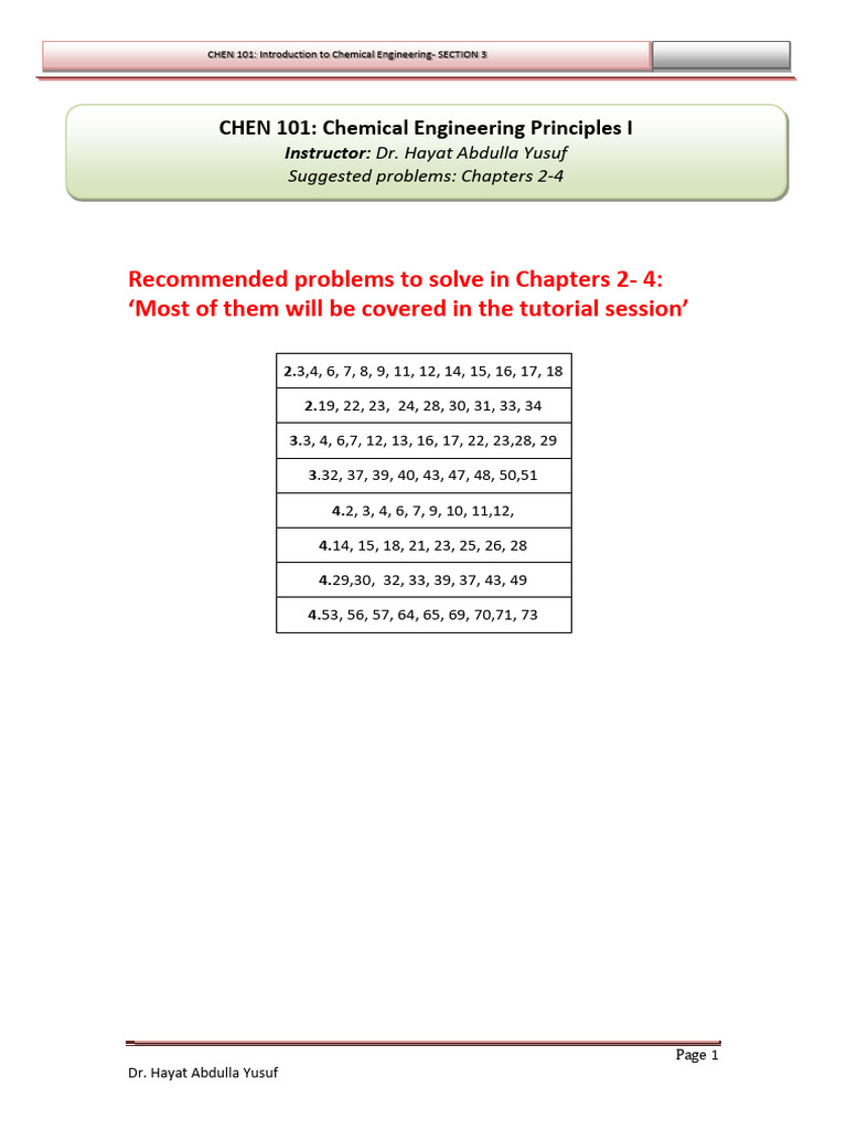 CHEN 101 - Suggested Problems | PDF | Density | Quantity
