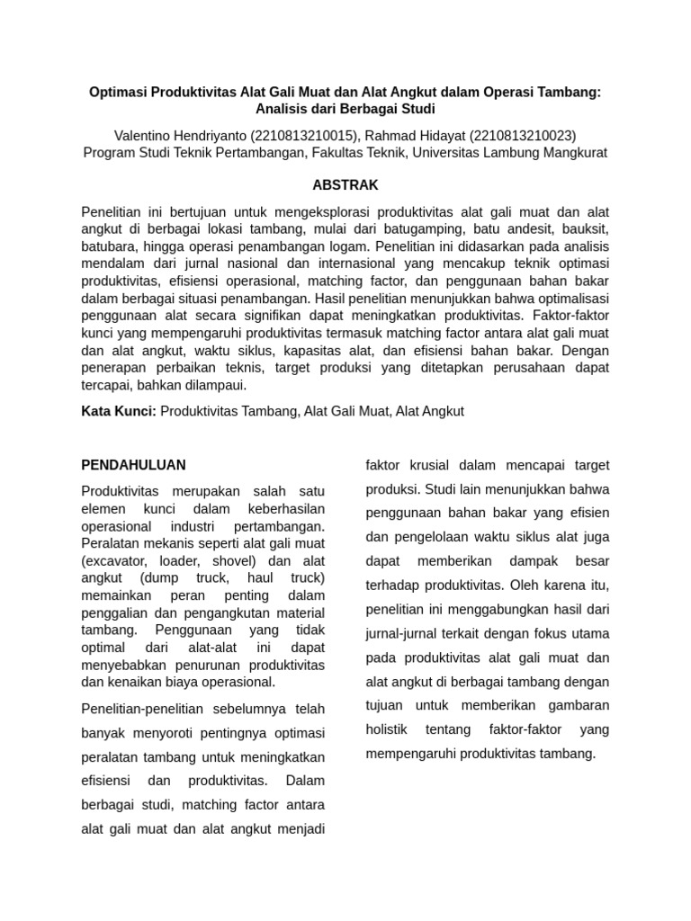 Optimasi Produktivitas Alat Gali Muat Dan Alat Angkut Dalam Operasi ...