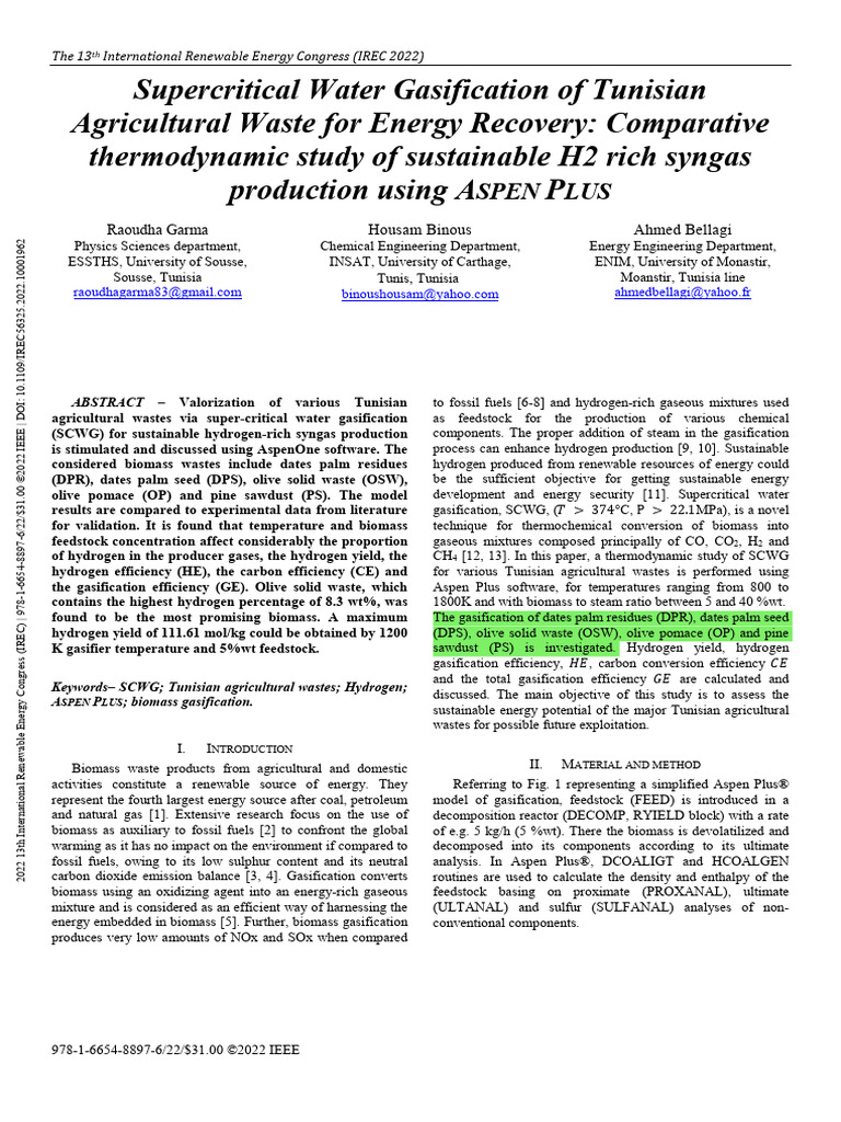 Supercritical Water Gasification of Tunisian Agricultural Waste For ...