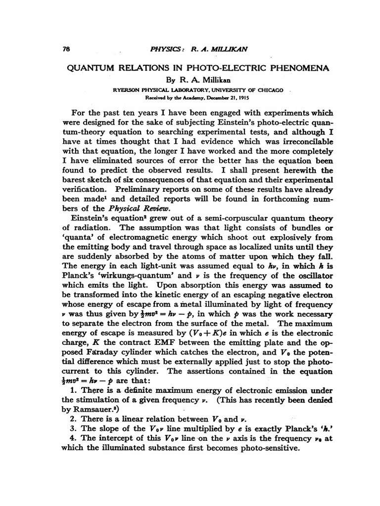 Millikan's Quantum Theory Experiments | PDF | Photoelectric Effect ...