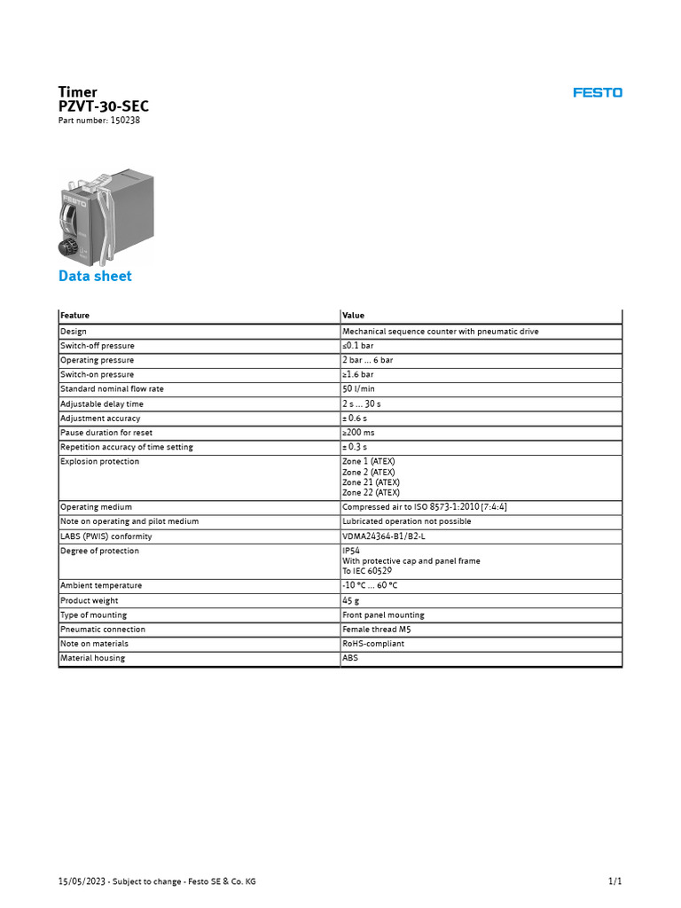 Pneumatic Timer Data Sheet PZVT-30-SEC | PDF