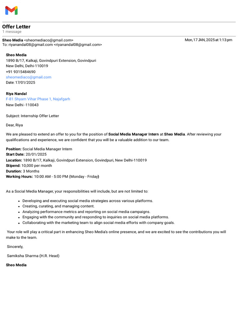 Internship Offer Letter | PDF