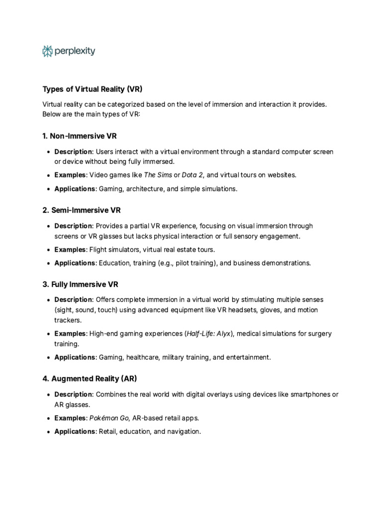 Types of Virtual Reality (VR) | PDF