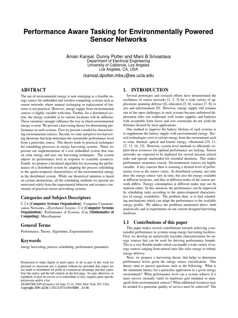 (2003 - ACM) Performance Aware Tasking For Environmentally Powered WSN | PDF | Wireless Sensor ...