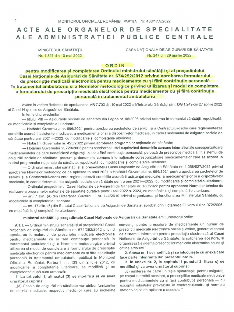 ORDIN 1327 247 Mai 2022 - Modificare Formular Reteta | PDF