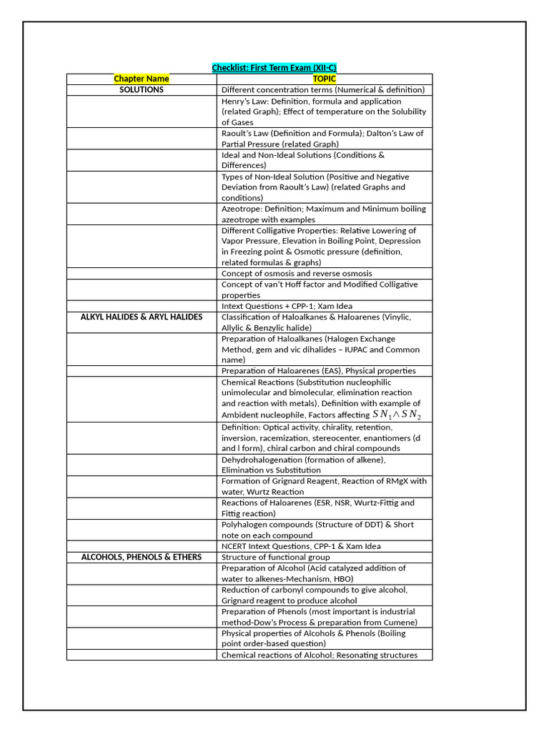 First Term Exam Checklist for XII-C | PDF | Electrochemistry | Chemical ...