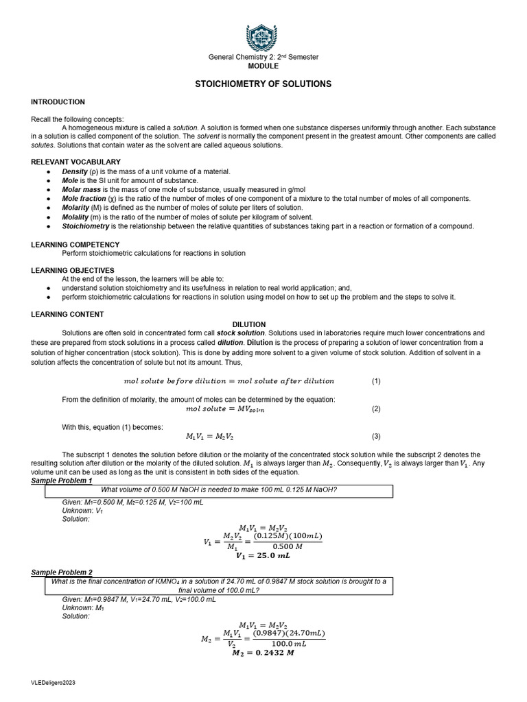 Q3 L6 Stoichiometry of Solutions Handout | PDF | Stoichiometry | Mole (Unit)