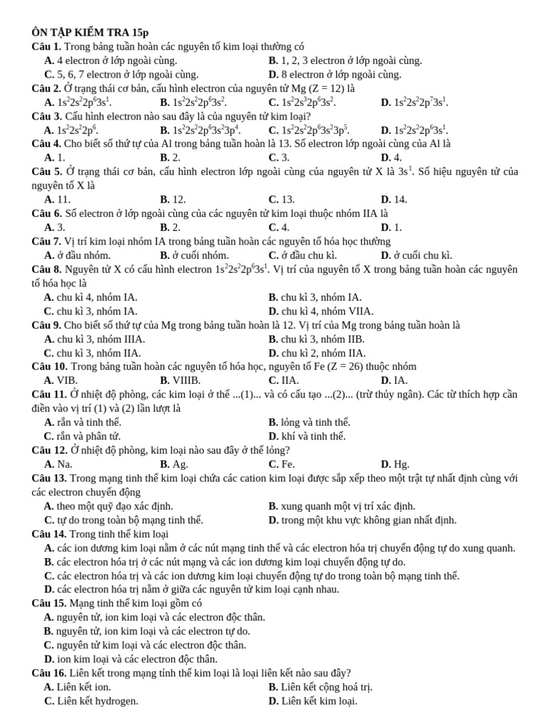 ÔN-TẬP-KIỂM-TRA-15p Hoá HK2 lớp 12 | PDF