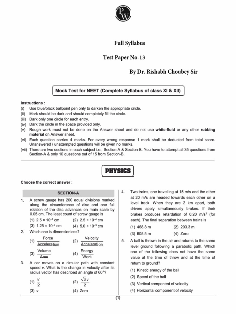 Full Syllabus Test Paper No-13 - Dr. Rishabh Sir - Anil | PDF ...