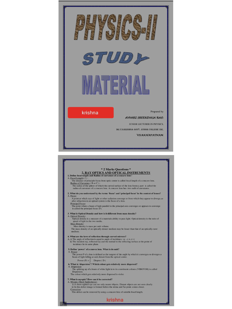 AP Sr Physics 2 Marks Material Decent Boy Krishna | PDF