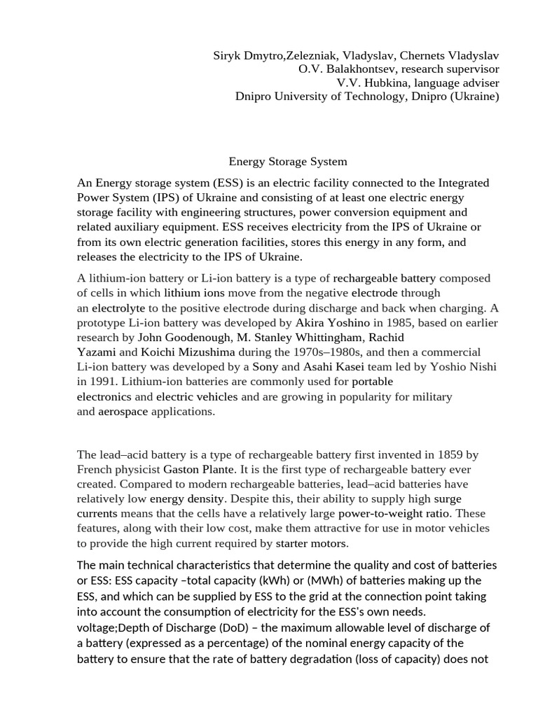 Siryk_Zeleznyak_Chernets Energy Storage System | PDF | Lithium Ion ...