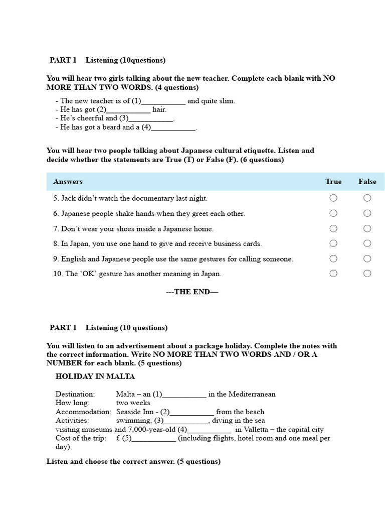 Listening and Language Practice Test | PDF | English Language