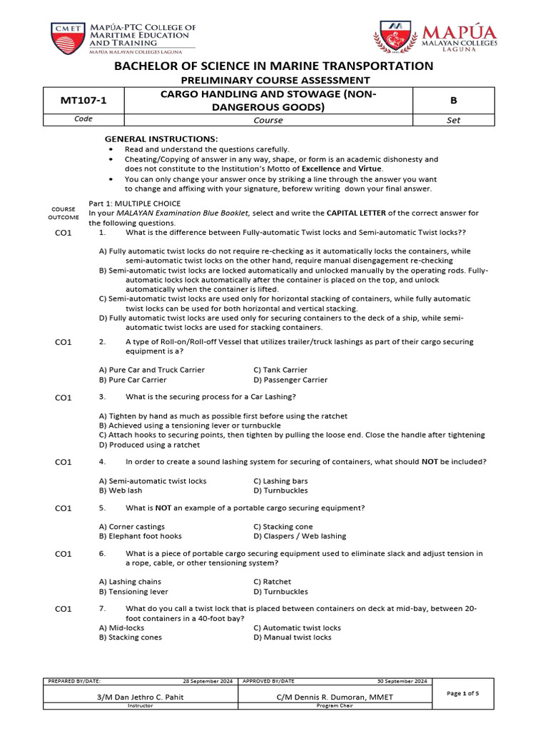 PAHIT MT107 Prelims Set B Questionnaire | PDF | Cargo | Shipping