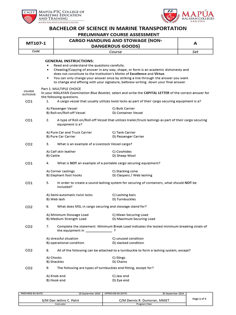 PAHIT MT107 Prelims Set A Questionnaire | PDF | Cargo | Dangerous Goods
