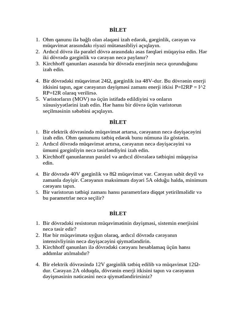 BİLET suallar 1 | PDF