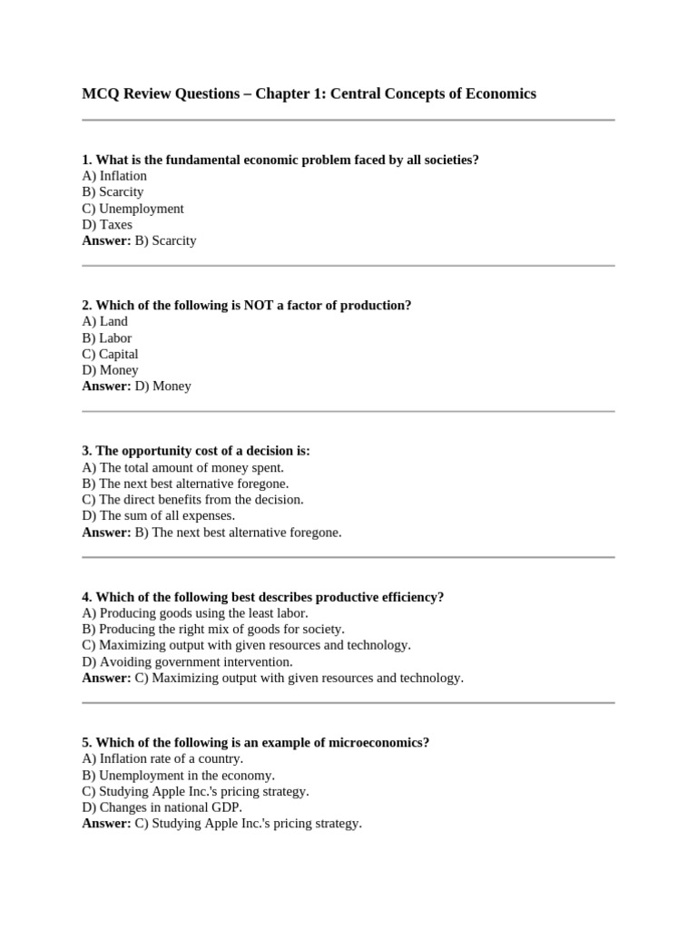 MCQ Questions With Answer Key - Chapter 1 and 2 Central Concepts of Economics | PDF | Economics ...