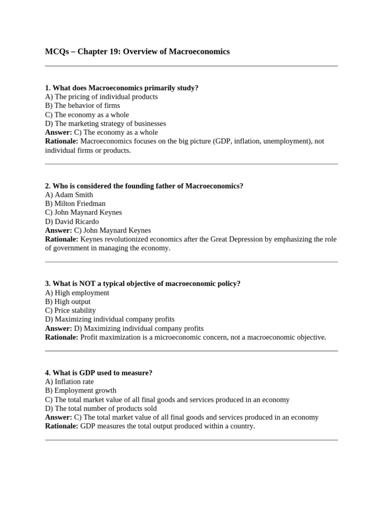 MCQs With Answer Key - Chapter 19 Overview of Macroeconomics | PDF ...