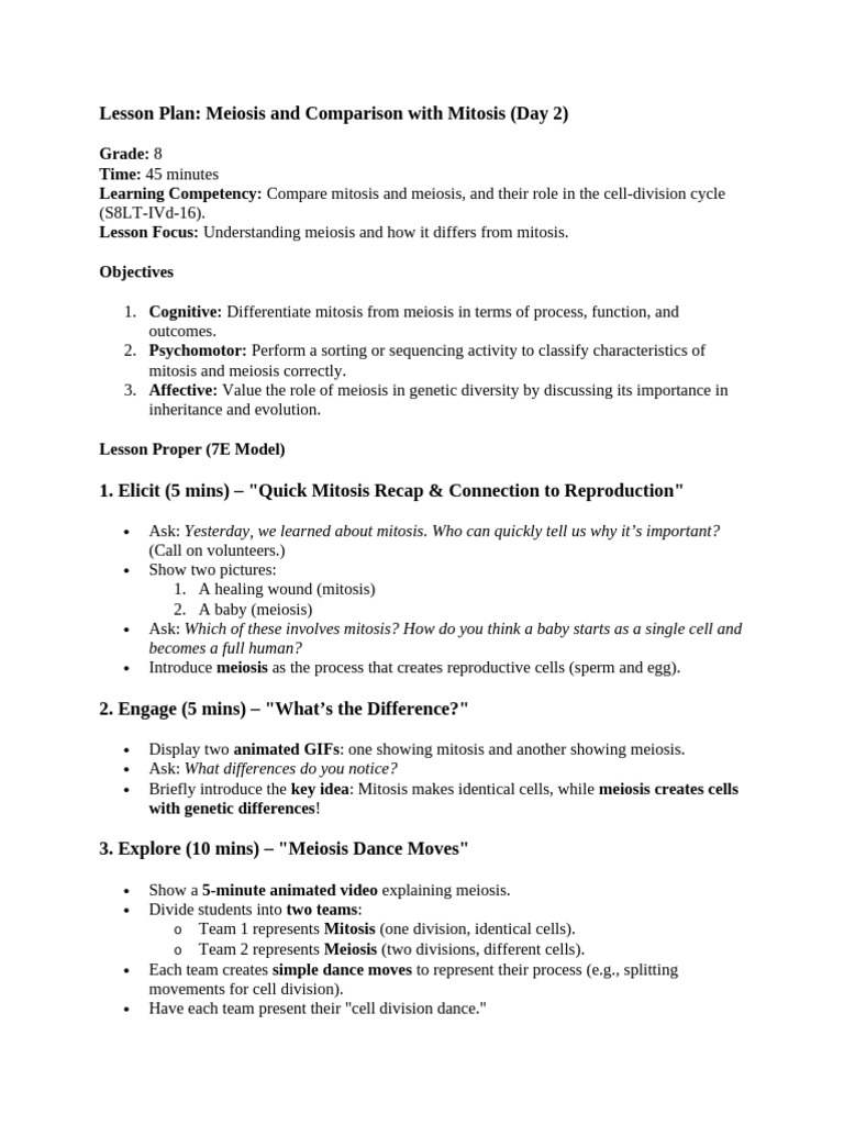 Lesson Plan- Meiosis and Comparison with Mitosis (Day 2) | PDF ...