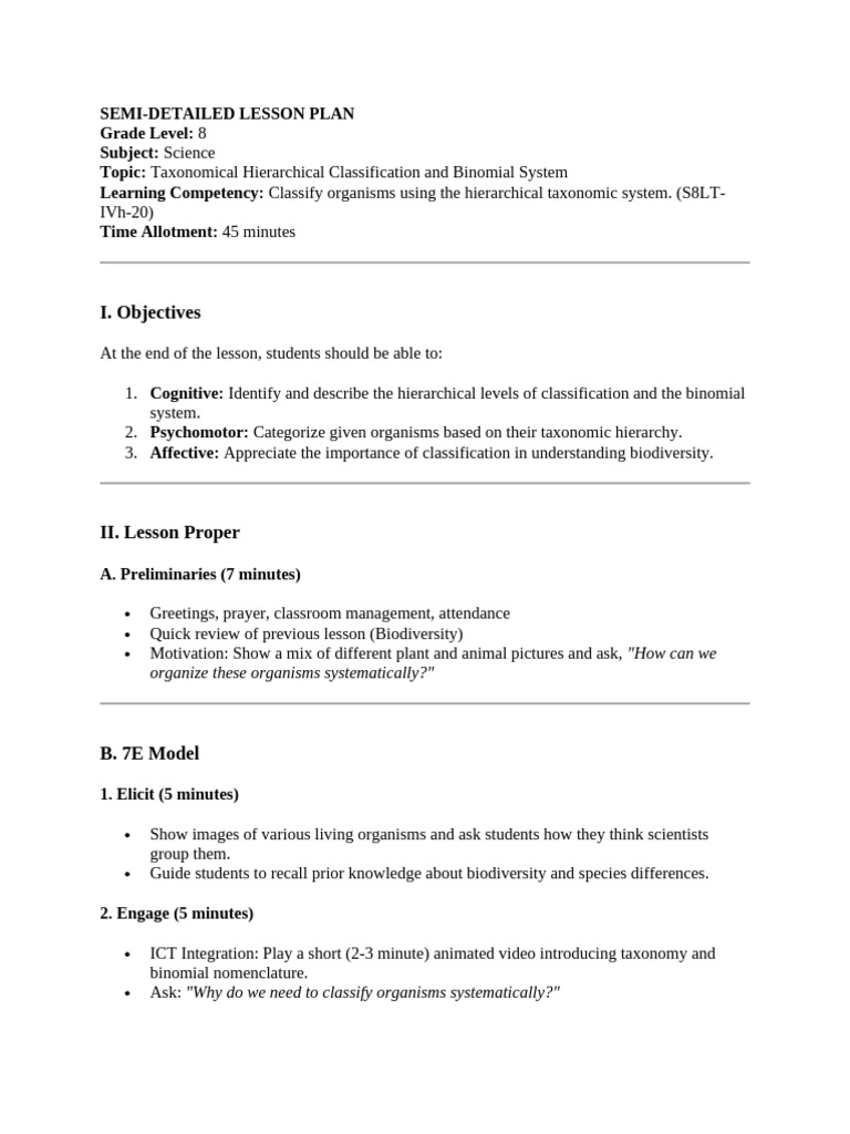 Grade 8 Taxonomy Lesson Plan | PDF | Taxonomy (Biology) | Homo