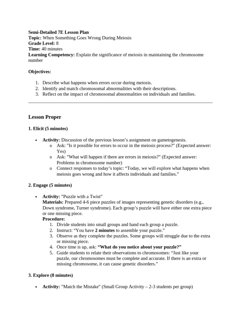 Semi-Detailed 7E Lesson Plan - When Something Goes Wrong During Meiosis ...