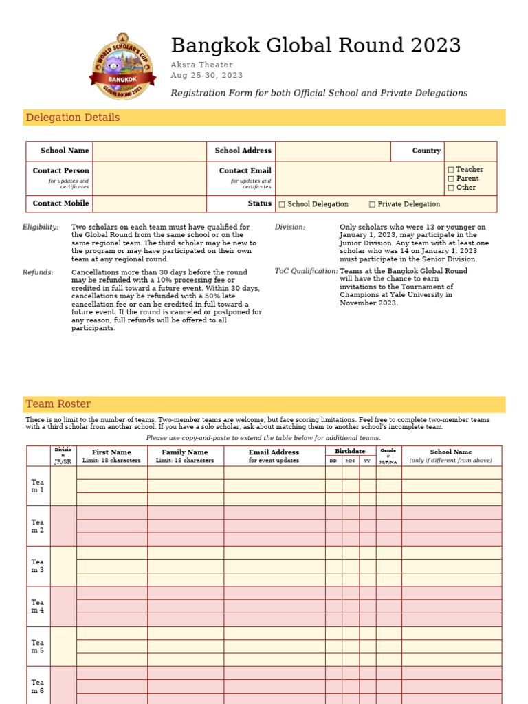 WSC Bangkok Global Round 2023 Registration Form - August 2 | PDF