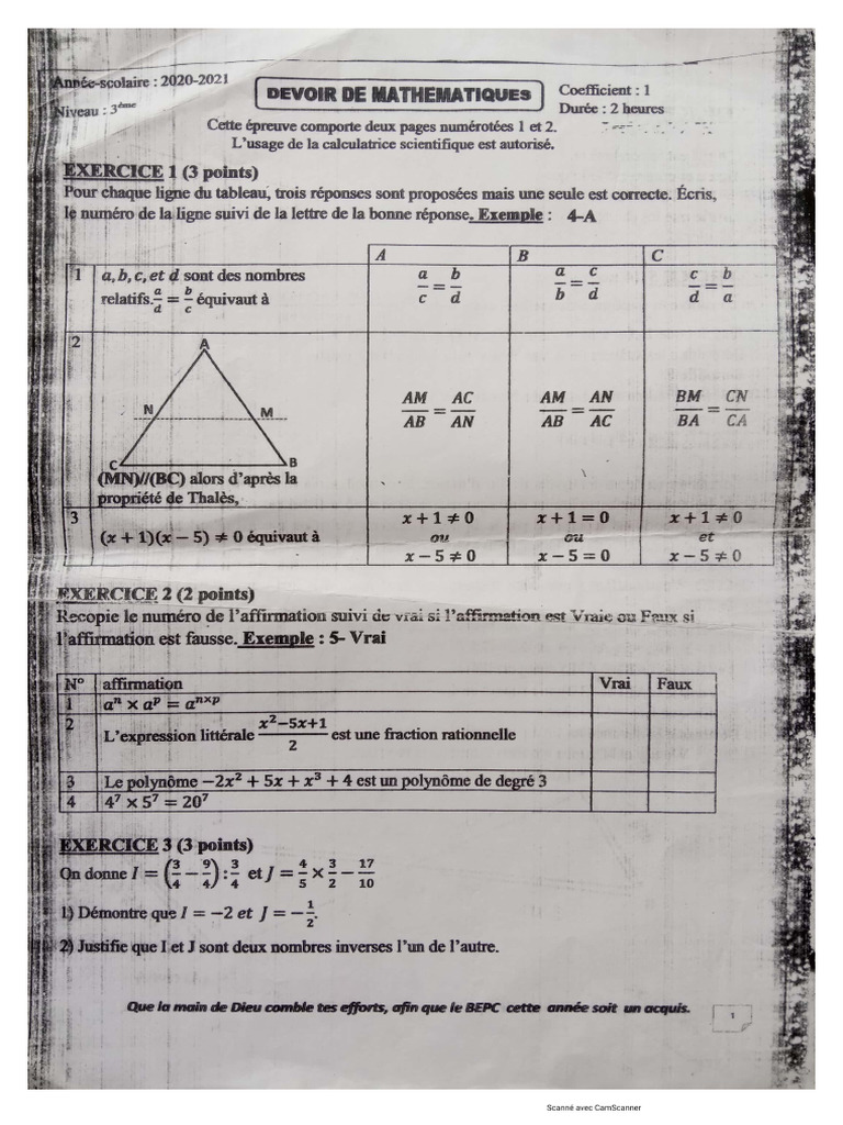 Devoir de Maths 3ieme-1 | PDF