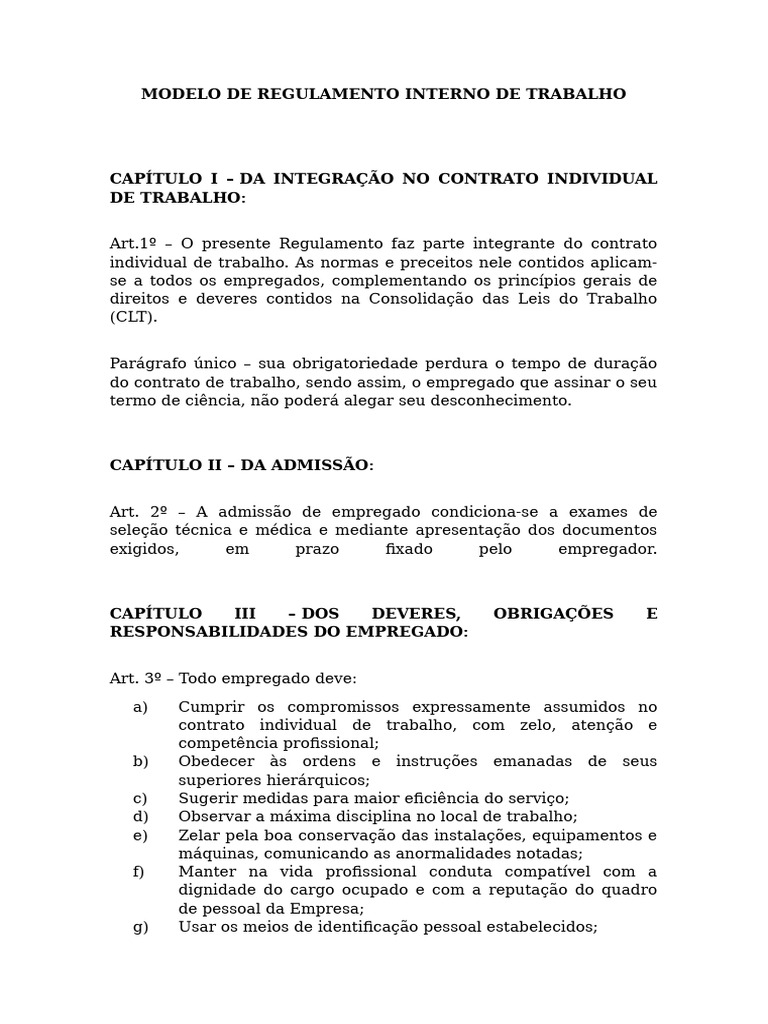 Modelo de Regulamento Interno de Trabalho 1 | PDF
