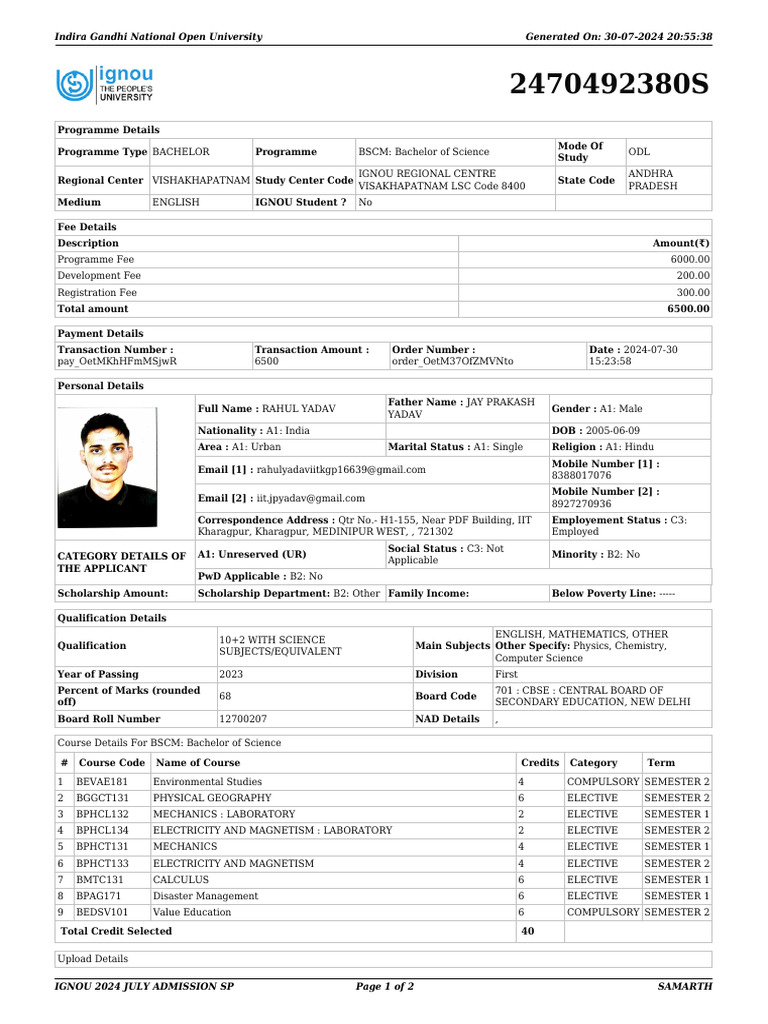 IGNOU BSc Admission Details 2024 | PDF