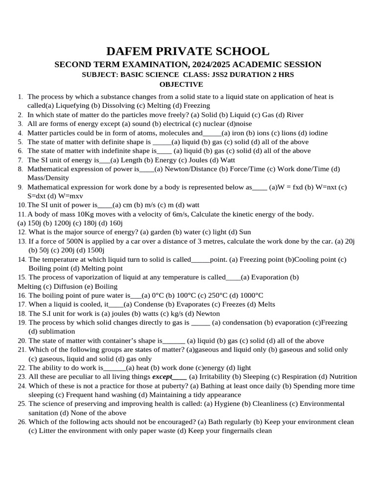 Jss2 Basic Science Second Term Exam Question | PDF | Liquids | Evaporation