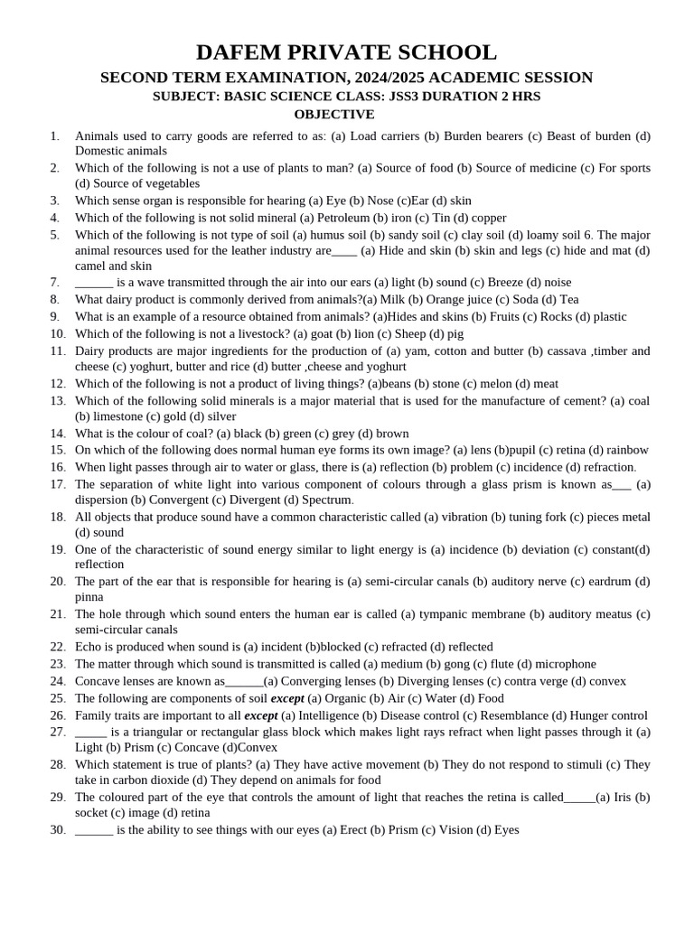 JSS3 Basic Science Second Term Exam Question | PDF | Eye | Light
