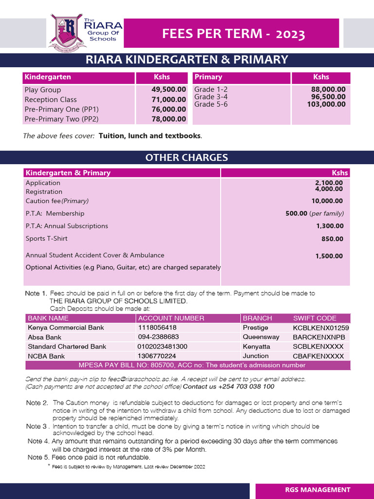 RIARA-KINDERGARTEN_PRIMARY-FEE-STRUCTURE-DECEMBER-2022 | PDF | Nairobi | Fee