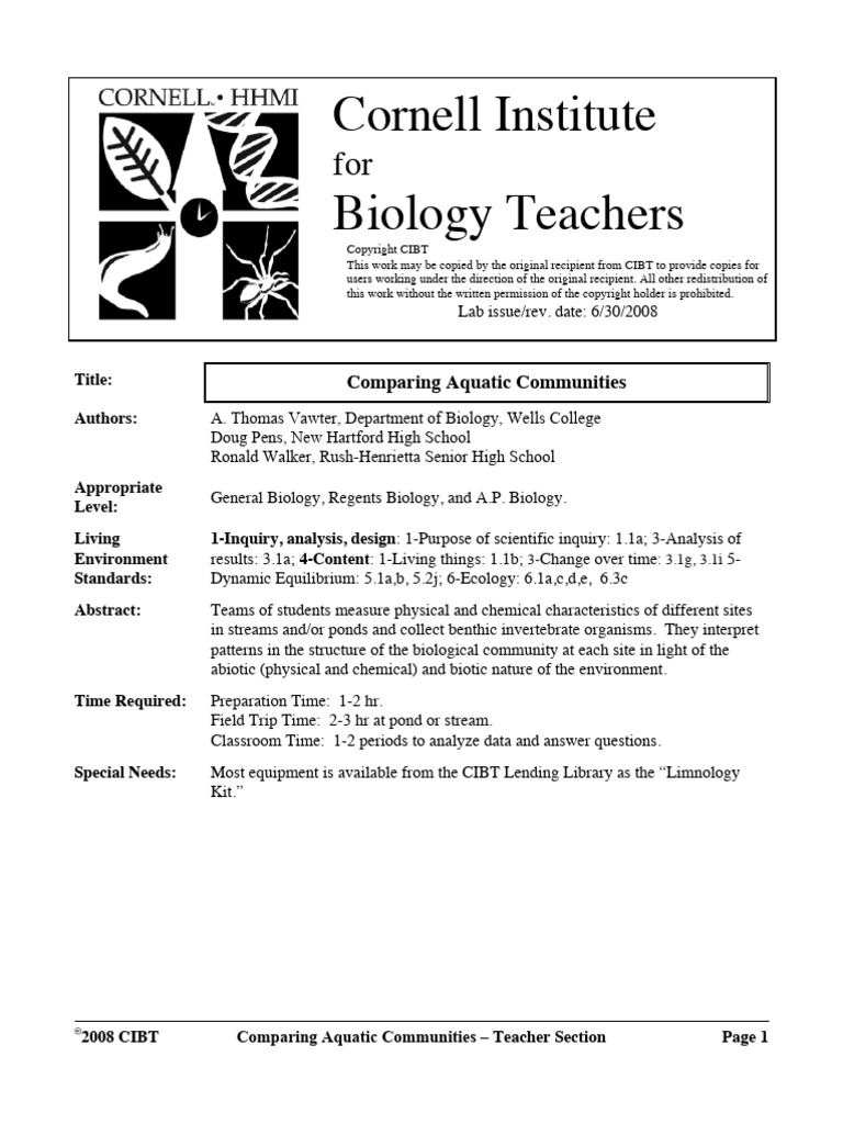 Comparing Aquatic Communities Lab Guide | PDF | Ph | Aquatic Ecosystem