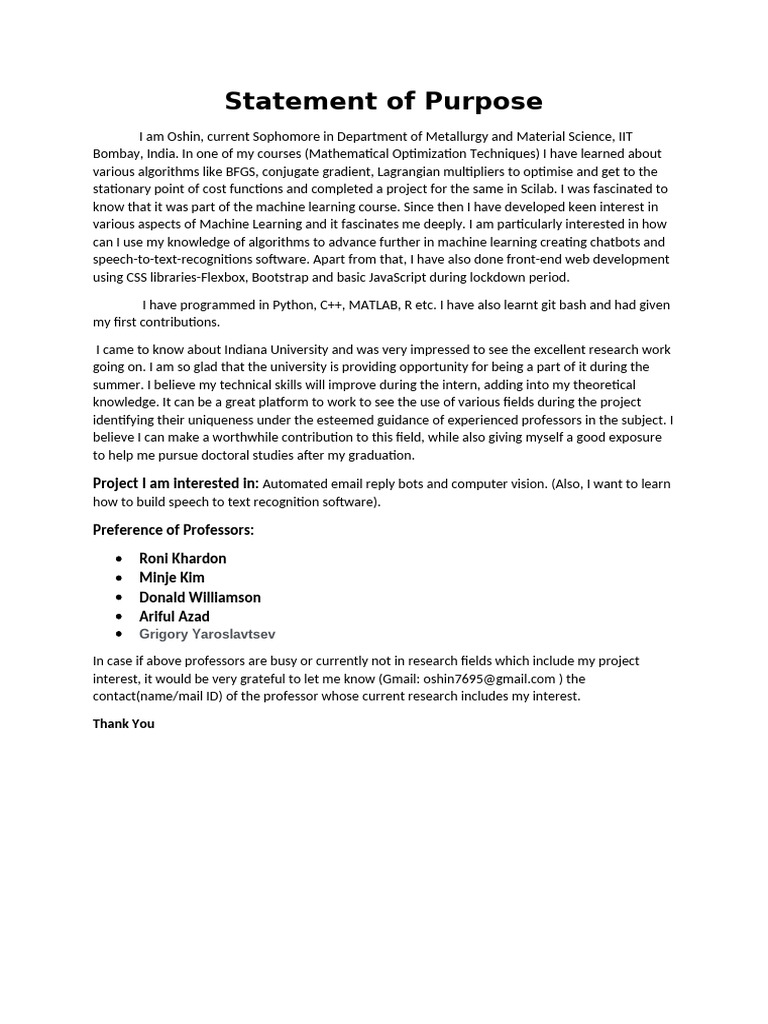 Oshin's Statement of Purpose for IU | PDF