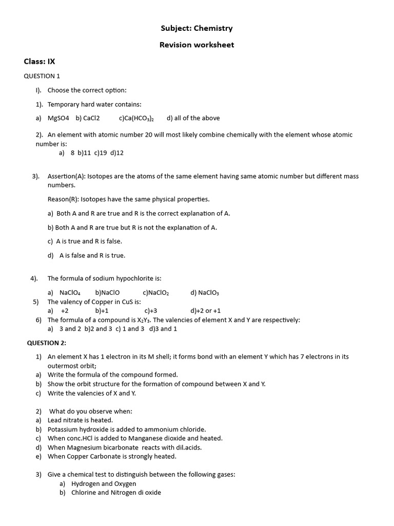 Subject: Chemistry Revision Worksheet Class: IX | PDF | Oxide | Ammonium