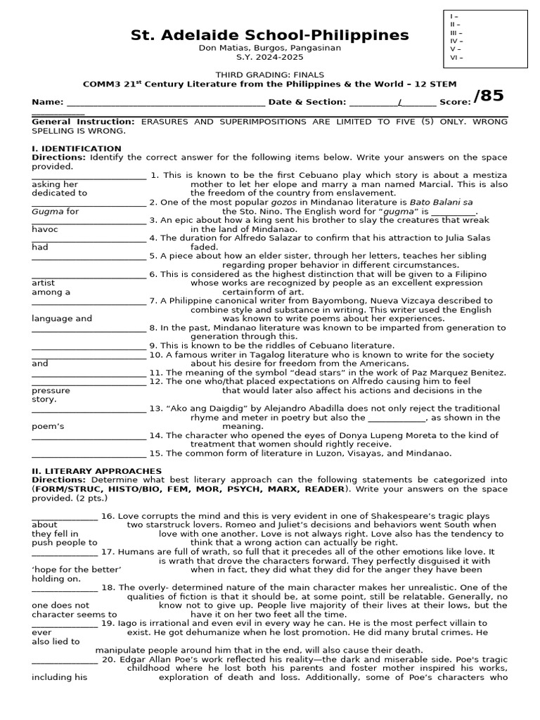 St. Adelaide School Comm3 Finals 2024-2025 | PDF | Psychoanalysis ...